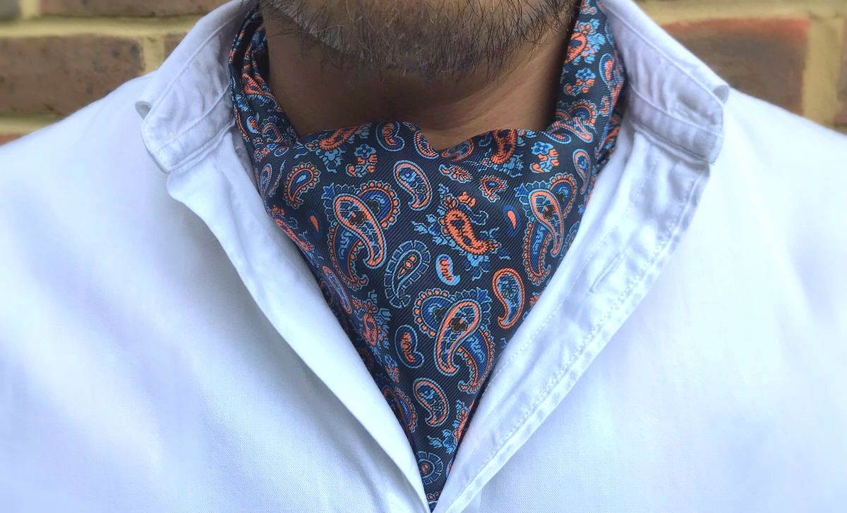 ARRAN - Blue & Orange Paisley Printed Silk Day Cravat - Cravat Club London