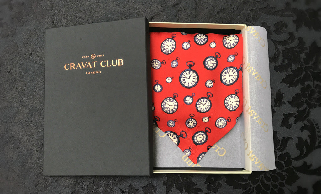 CORNELIUS - Red Blue & Cream Pocket Watches Silk Cravat - Cravat Club