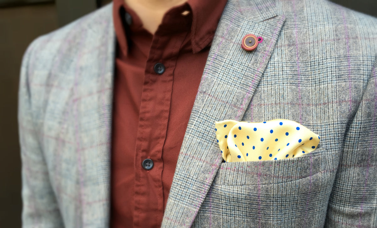 KIAN - Yellow & Blue Printed Silk Pocket Square - Cravat Club London